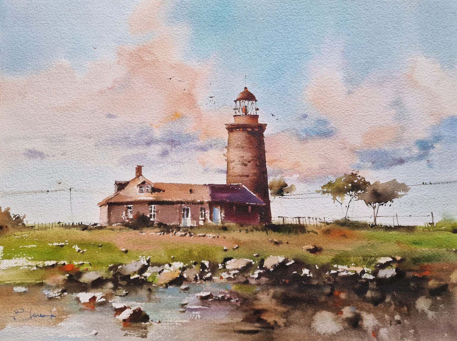 Acuarela: Faro en cálidos - Blanca Alvarez Watercolors